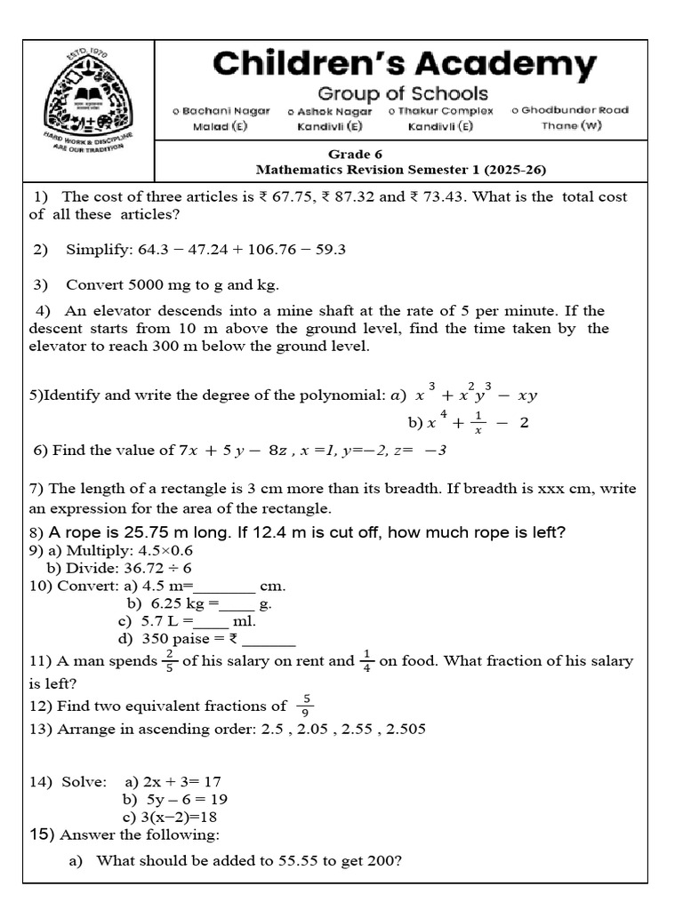 Grade 6 Math Revision Guide 2025-26 | PDF | Elementary Mathematics ...