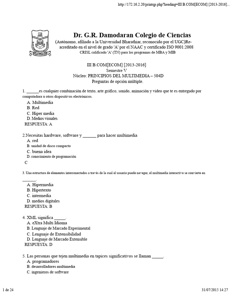 Principios de Multimedia MCQs + Respuestas | PDF | Multimedia | Vídeo