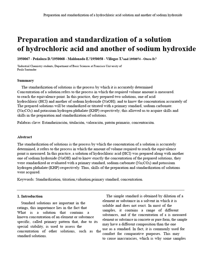 Standardization of Solutions Report | PDF | Titration | Chemistry