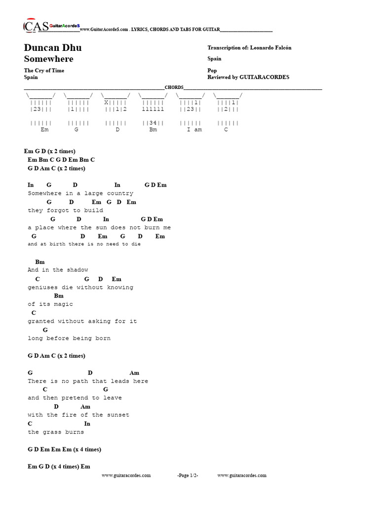 Guitar Chords and Lyrics for "Somewhere" | PDF