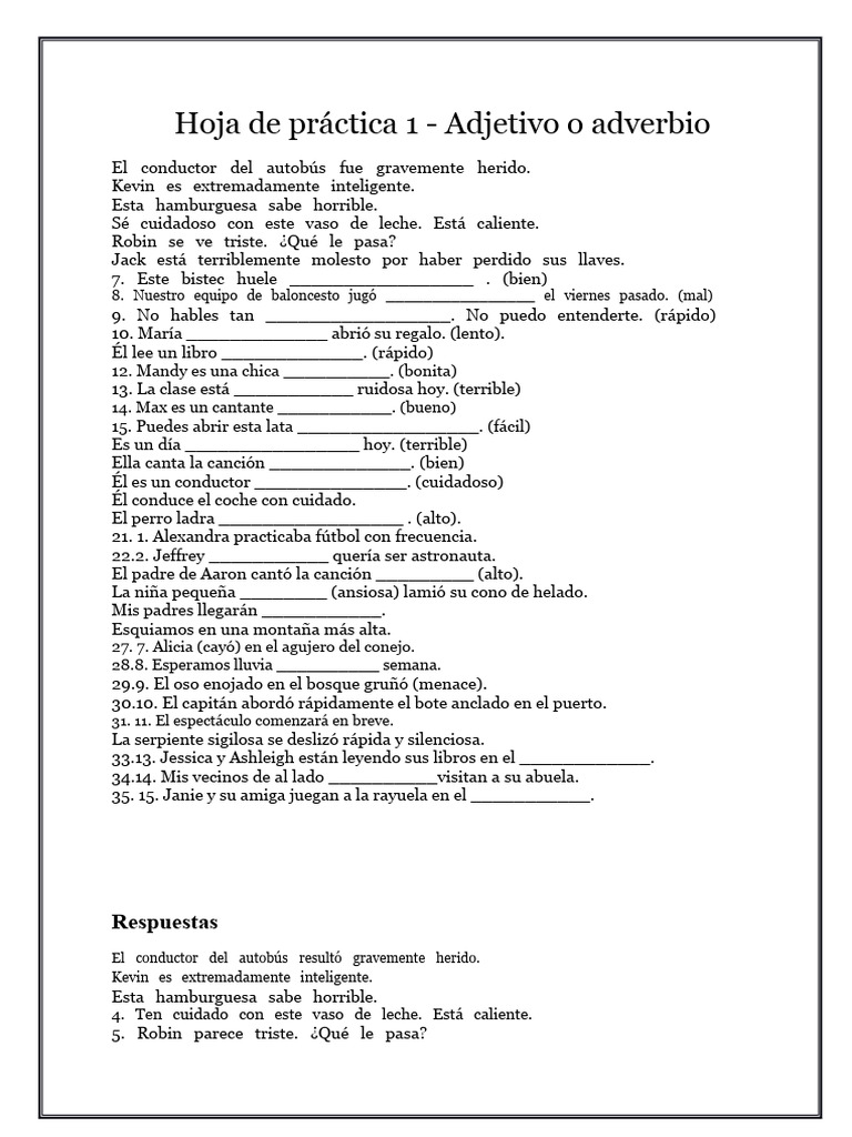 Práctica de Adjetivos y Adverbios | PDF
