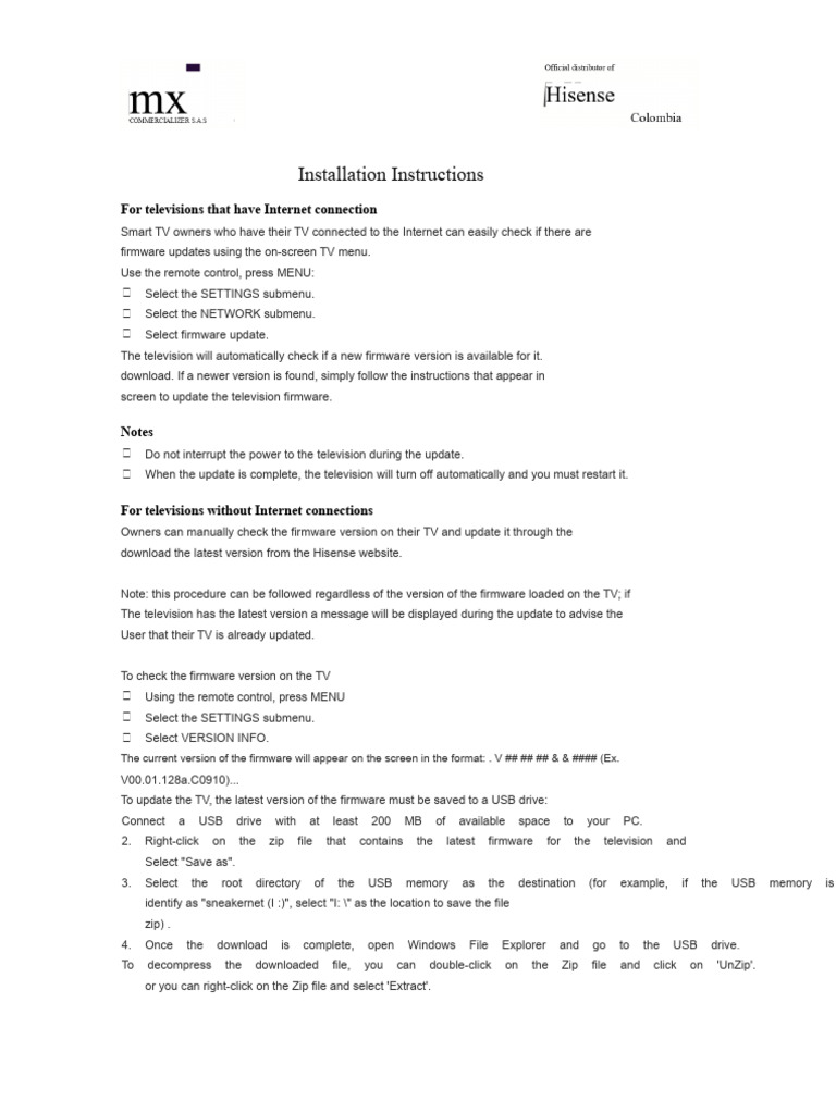 Hisense Update Instructions | PDF | Zip (File Format) | Usb