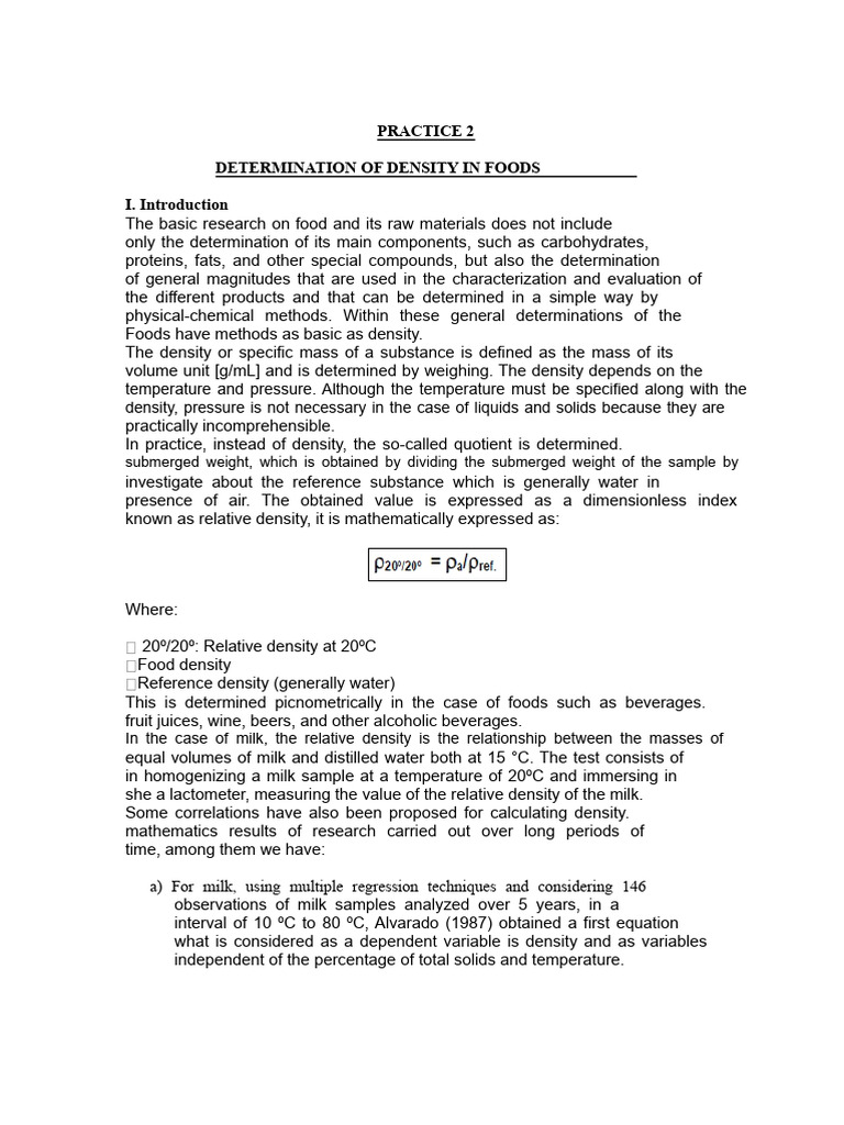 Density Determination in Food Samples | PDF | Density | Quantity