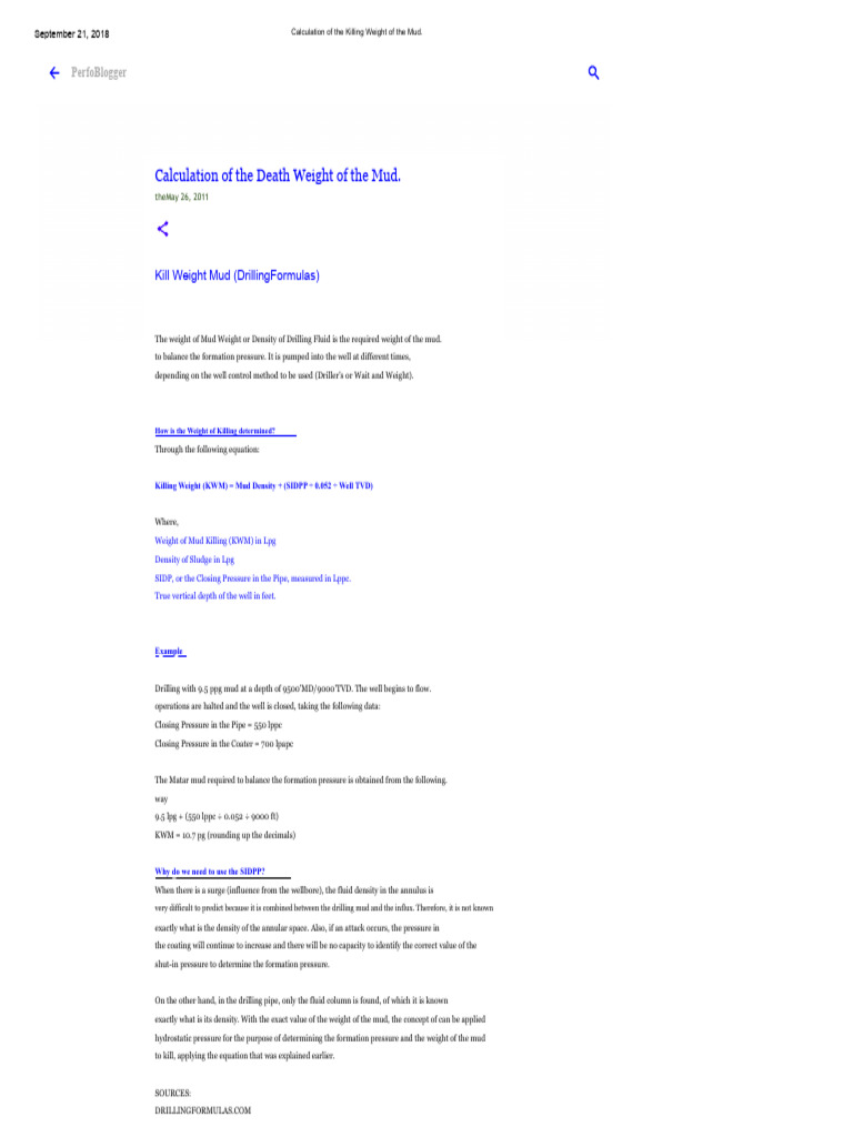 Calculation of the Weight of Mud Kill | PDF | Fluid Mechanics ...