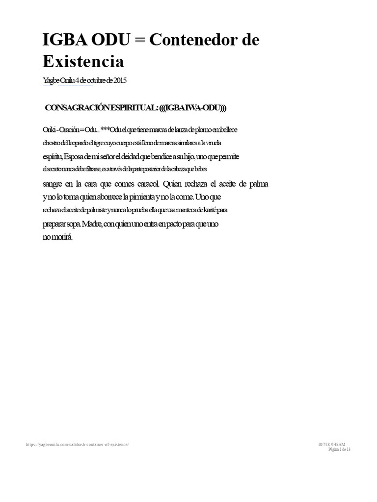 IGBA ODU Contenedor de La Existencia - Jefe Yagbe Awolowo Onilu | PDF