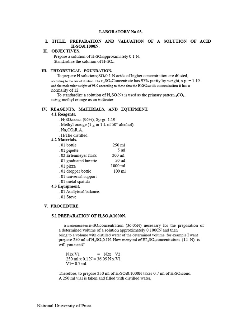 Laboratory No 03 H2SO4 | PDF | Sulfuric Acid | Chemistry
