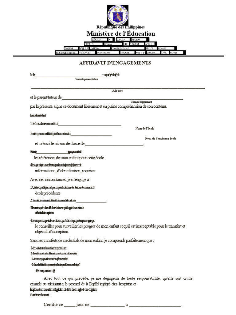 Affidavit d'engagement pour l'inscription scolaire | PDF | Déclaration ...