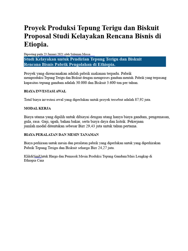 Proposal Proyek Studi Kelayakan Rencana Bisnis Produksi Tepung Terigu Dan Biskuit Di Ethiopia | PDF