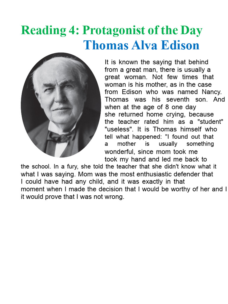 Reading 4 The Protagonist of The Day Thomas Alva Edison | PDF | Thomas ...