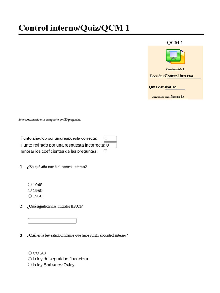Control Interno Quiz QCM 1 | PDF | Cuestionario | Riesgo