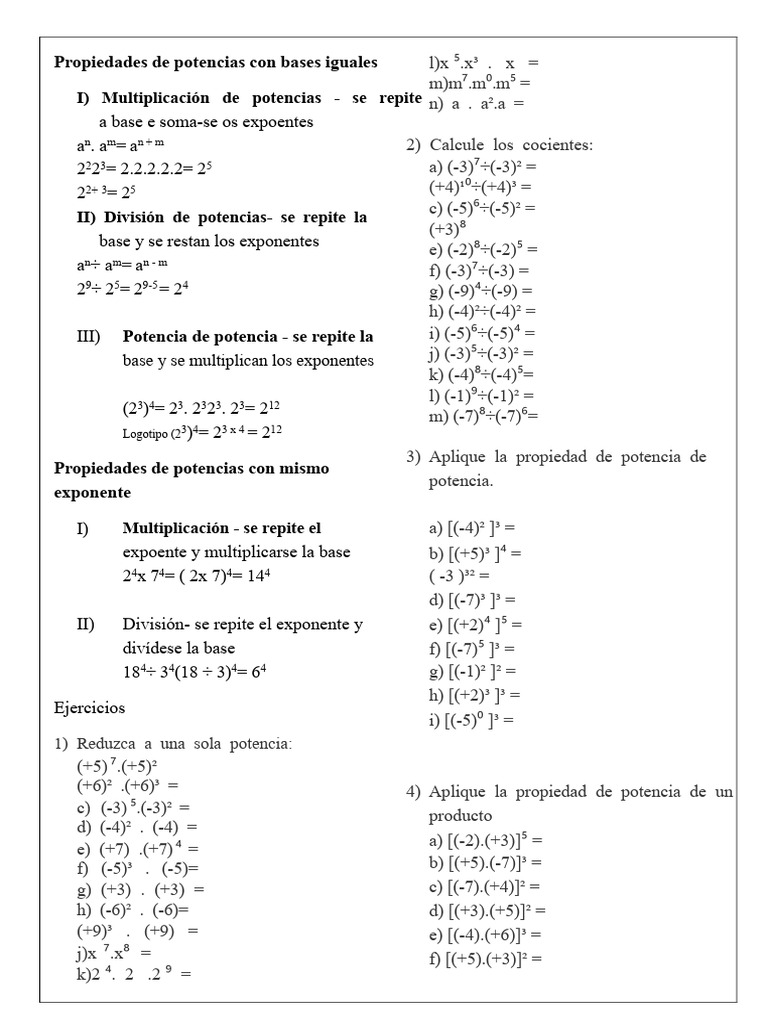 Propiedades de Potencias Con Bases Iguales | PDF | Exponenciación ...