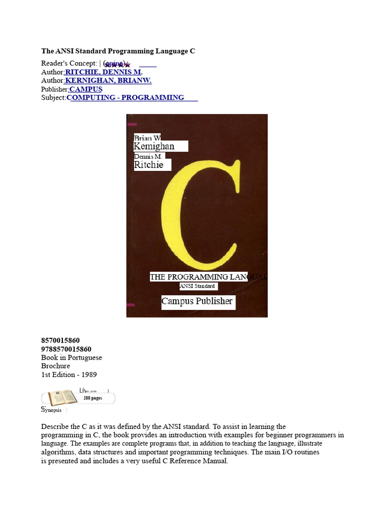 The ANSI Standard Programming Language C | PDF