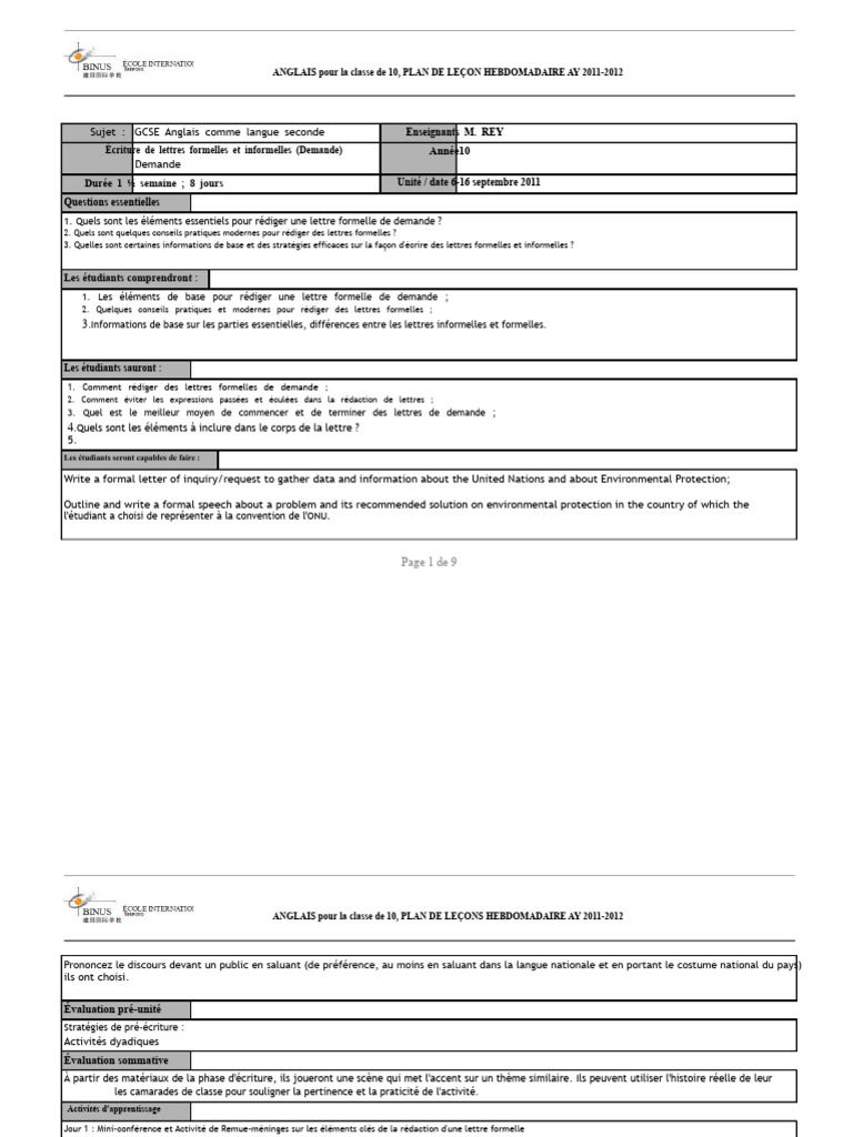 Semaine 8 Plan de Leçon, Écriture de Lettres (Enquête) | PDF ...
