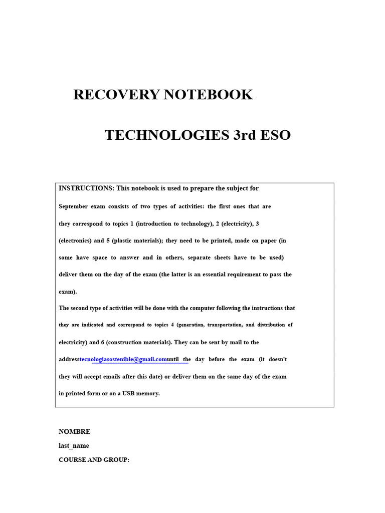 TECHNOLOGY RECOVERY NOTEBOOK 3rd ESO | PDF | Resistor | Electrical Network