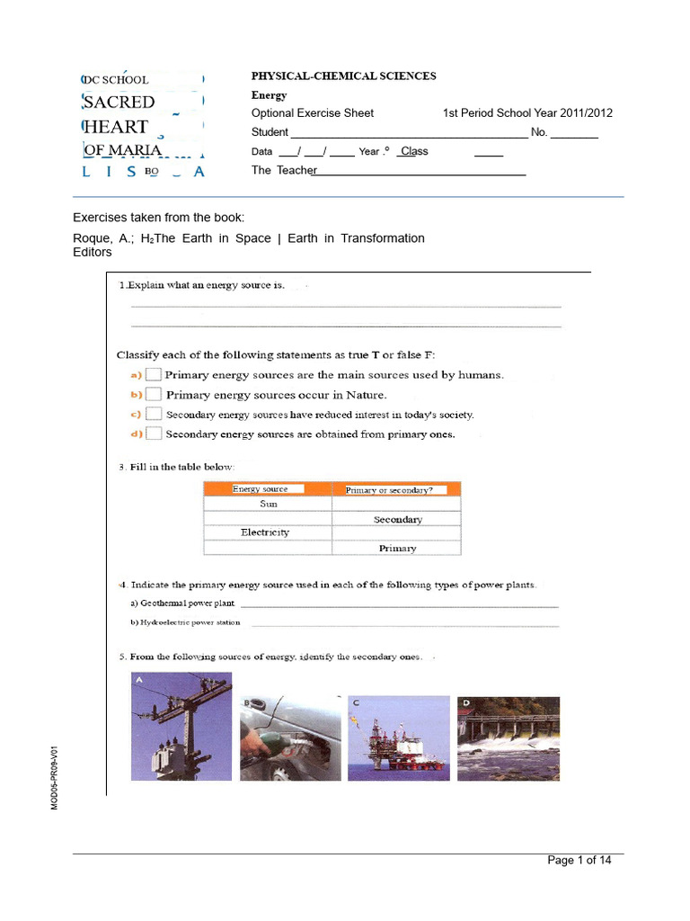 Energy Exercise Sheet 7th Grade | PDF | Inquiry | Science