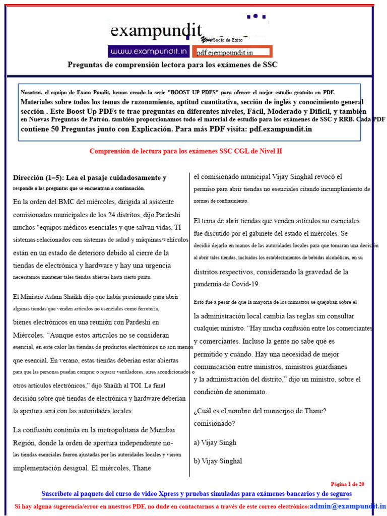 Preguntas de Comprensión Lectora para Los Exámenes de SSC CGL Nivel II ...