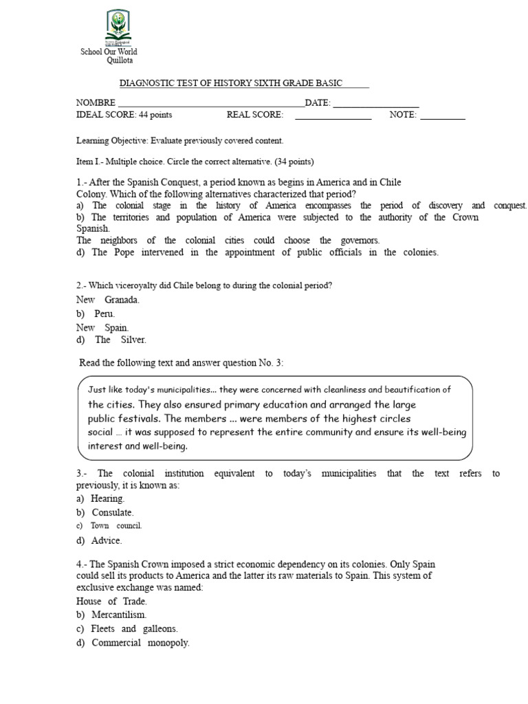Test 6° Diagnosis | PDF | Multiple Choice | Spanish Empire