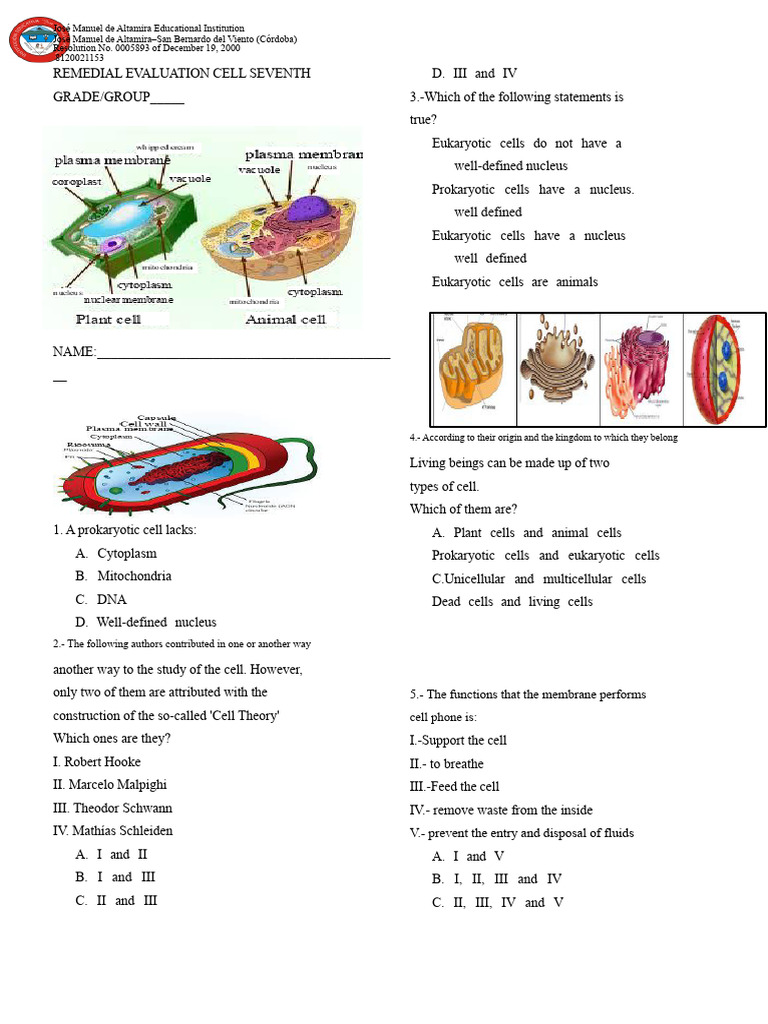 Seventh Grade Cell Biology Evaluation | PDF | Cell (Biology) | Eukaryotes
