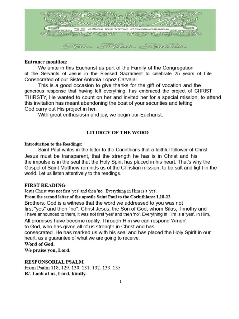 25 Years of Consecrated Life | PDF | Eucharist | Jesus