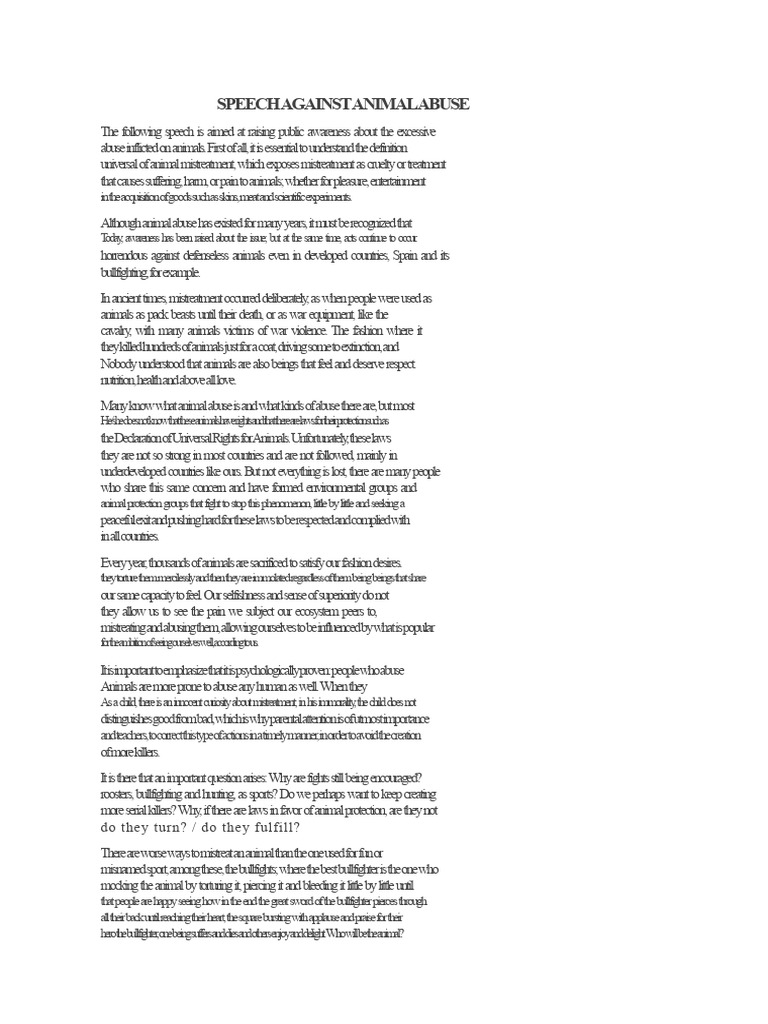 Speech Against Animal Abuse | PDF | Cruelty To Animals