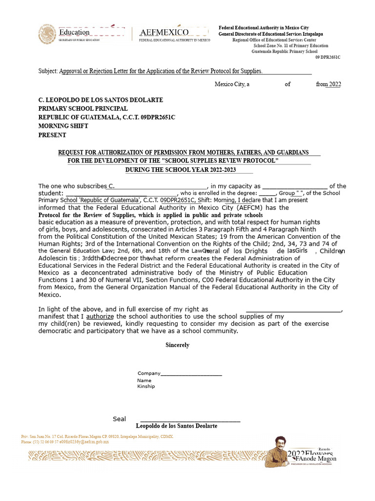 Request For Authorization of Permission From Mothers, Fathers, and Guardians For The Development ...