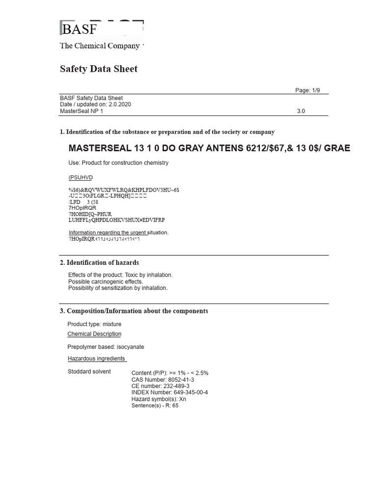 SAFETY DATA SHEET MSDS - MasterSeal NP 1 | PDF | Solubility | Solvent