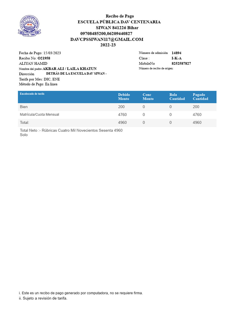 Recibo de Pago Escuela DAV Siwan | PDF