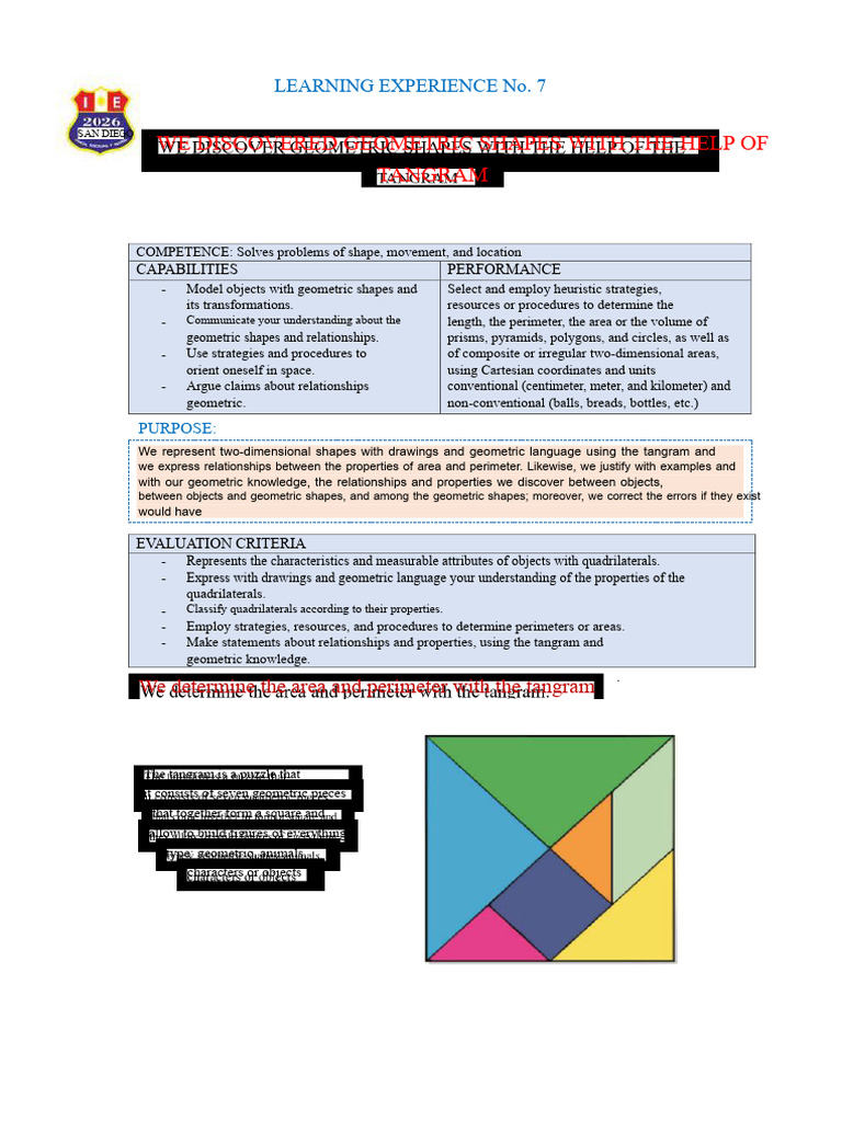 Learning Experience 7 The Tangram 18/10/22 | PDF | Area | Shape