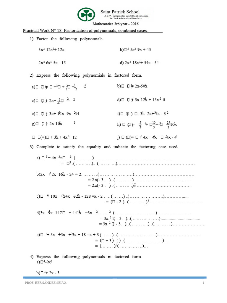 Practical Work No. 18 Combined Cases of Factoring | PDF | Factorization ...