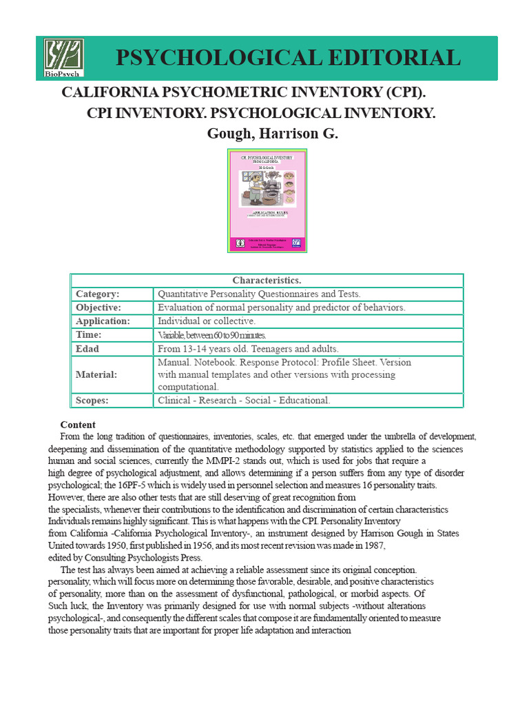 ATPC 11 California Personality Inventory CPI | PDF | Psychology | Psychometrics