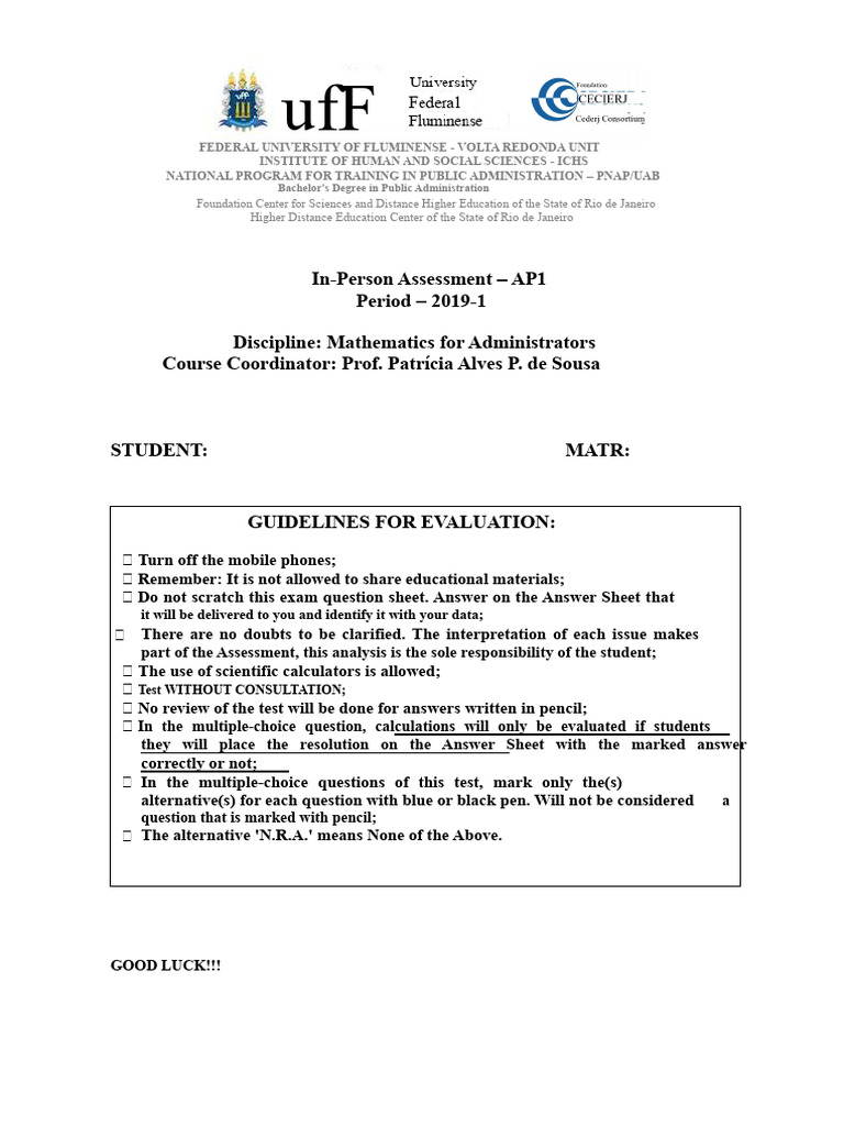 AP1 Mathematics For Administrators 2019 1 | PDF | Demand | Economics