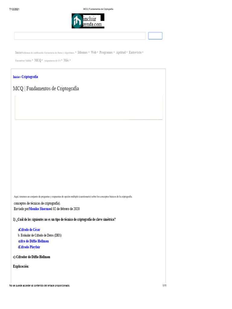 MCQ - Fundamentos de La Criptografía | PDF | Clave (criptografía) | Cifrado