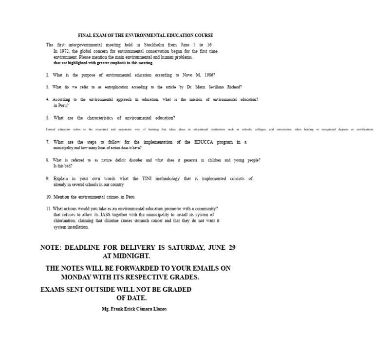 Final Exam of The Environmental Education Course. | PDF