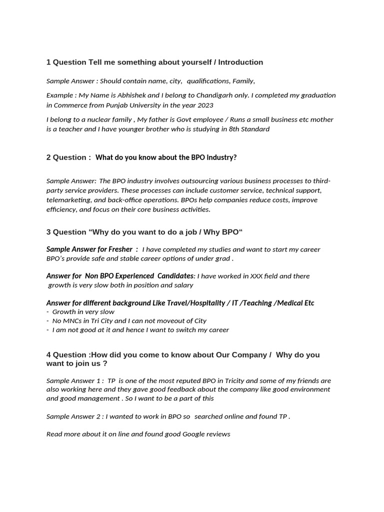 TP Interview Questions. | PDF | Business Process Outsourcing | Human ...