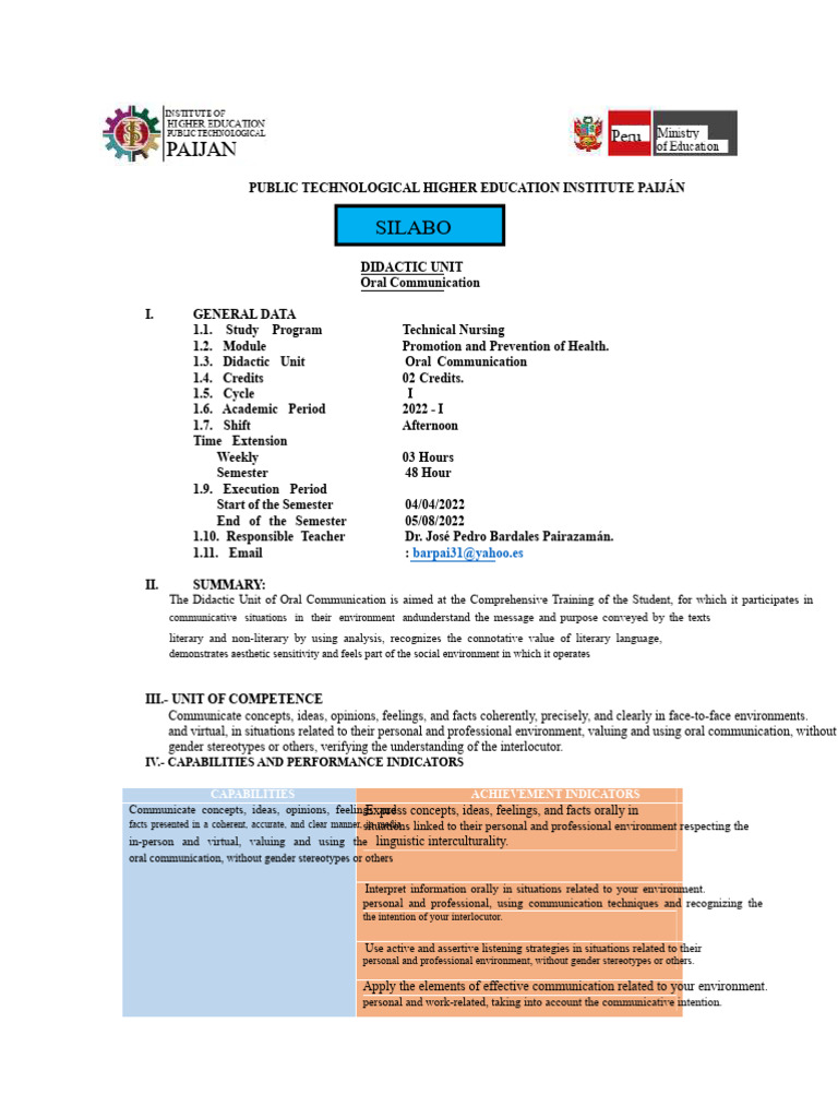 Oral Communication Syllabus for Nursing | PDF | Communication | Linguistics