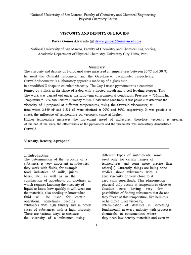 Viscosity and Density of 2-Propanol Study | PDF | Viscosity | Liquids