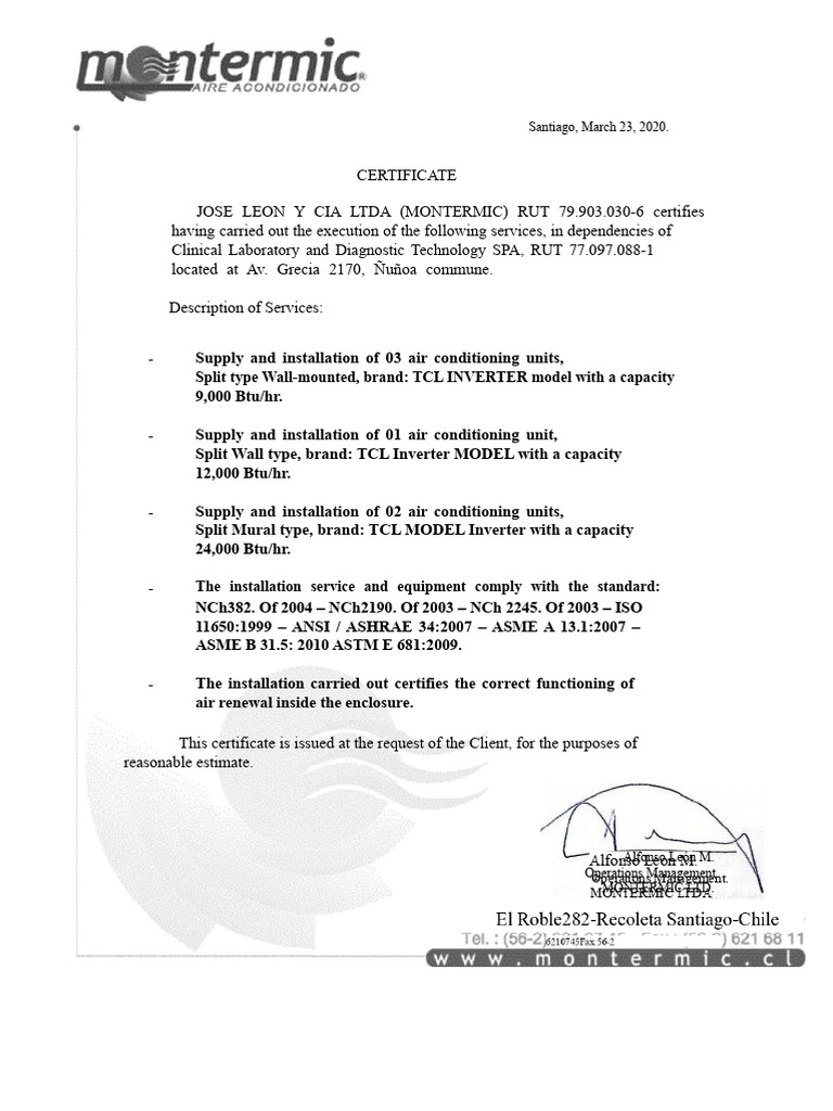 Installation Certificate. | PDF