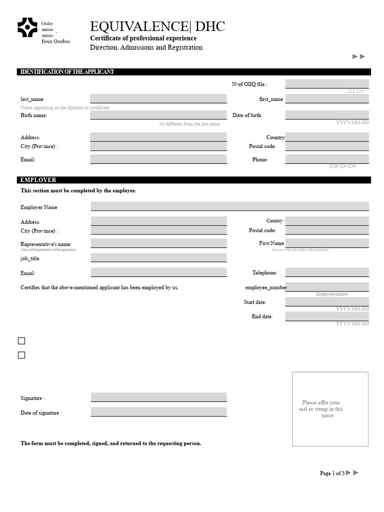 Equivalence Attestation Professional Experience Form FR | PDF | Nursing ...
