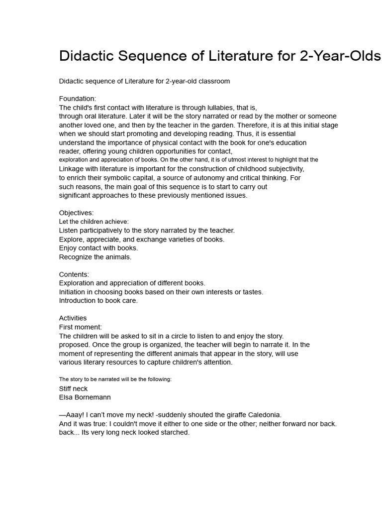 Literature Didactic Sequence For 2-Year-Old Classroom | PDF