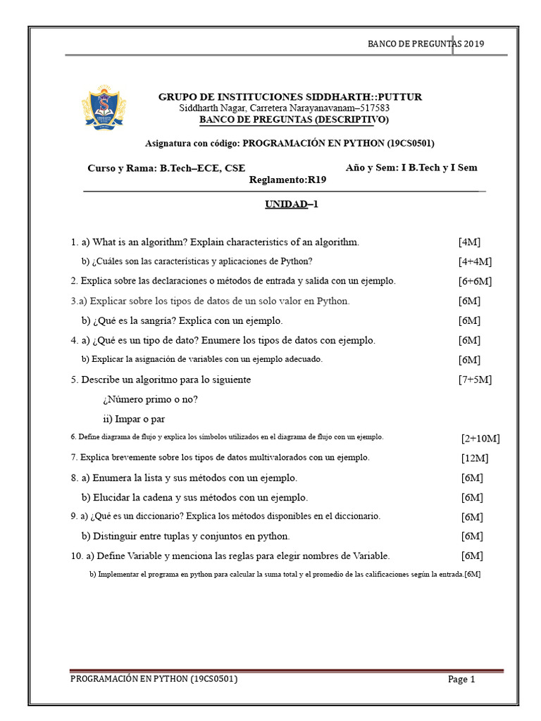 Bancos de Preguntas de Python (Descriptivo) R19 PDF | PDF | Python (lenguaje de programación ...