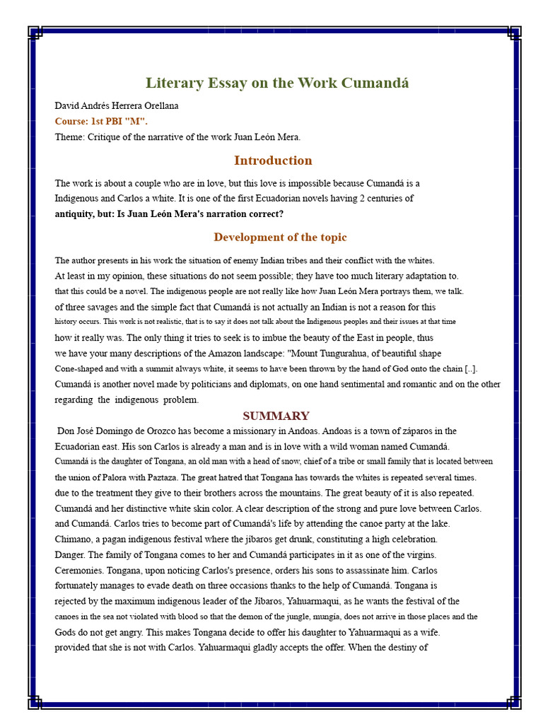 Literary Essay On The Work Cumandá | PDF