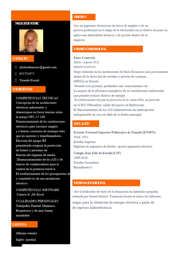 CV - Nkolo Edene Eric | PDF | Ingenieria Eléctrica | Electricidad