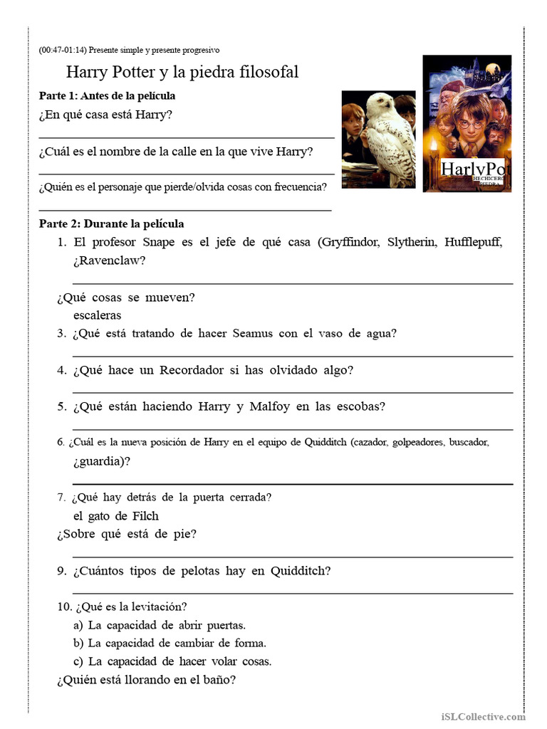 Hoja de Comprensión de Harry Potter | PDF