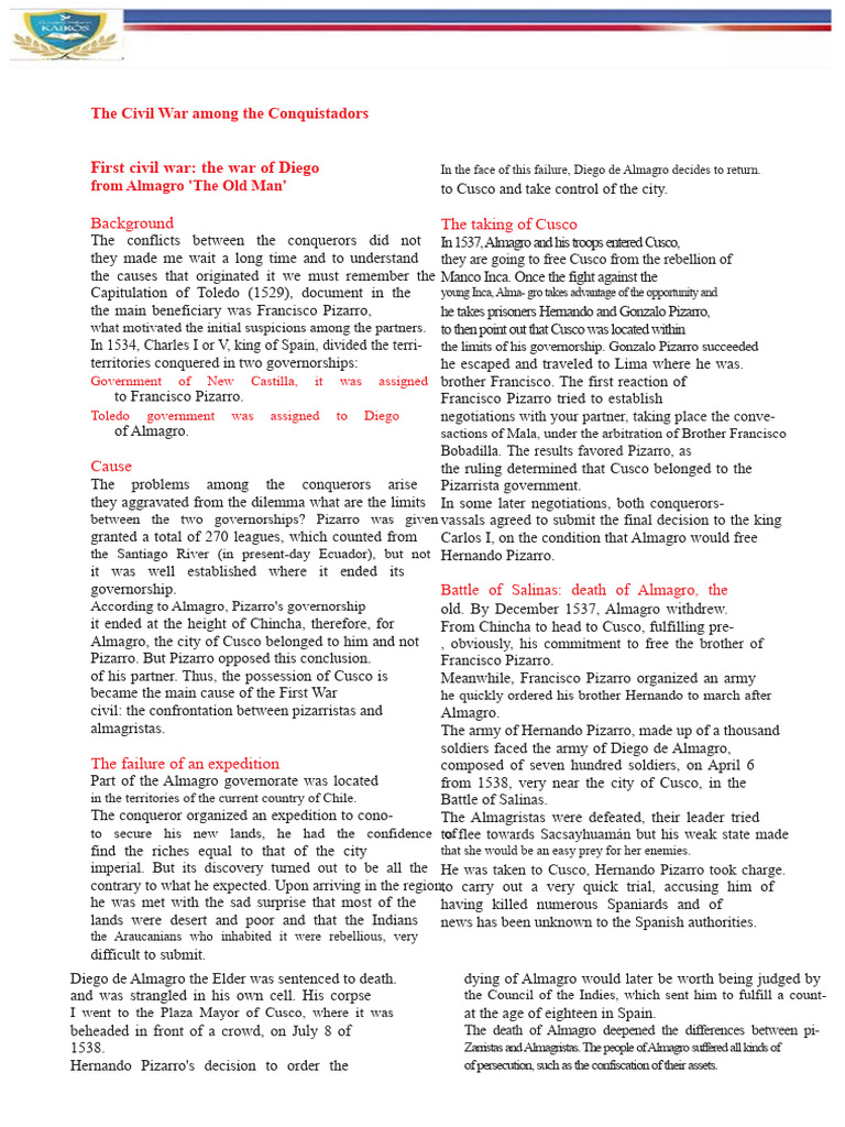 Sheet On The Civil War Among The Conquerors | PDF | Francisco Pizarro | Spanish Colonization Of ...