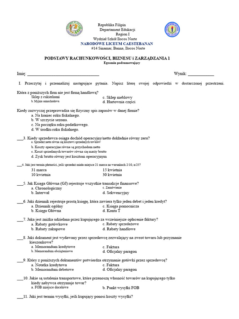 FABM1 Egzamin Sumatywny Za 4 Kwartal | PDF
