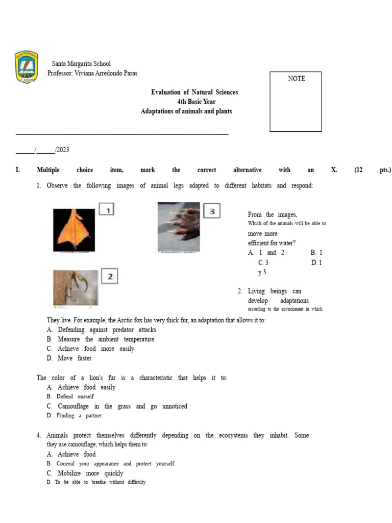 Evaluation of Adaptations of Animals and Plants | PDF | Adaptation ...