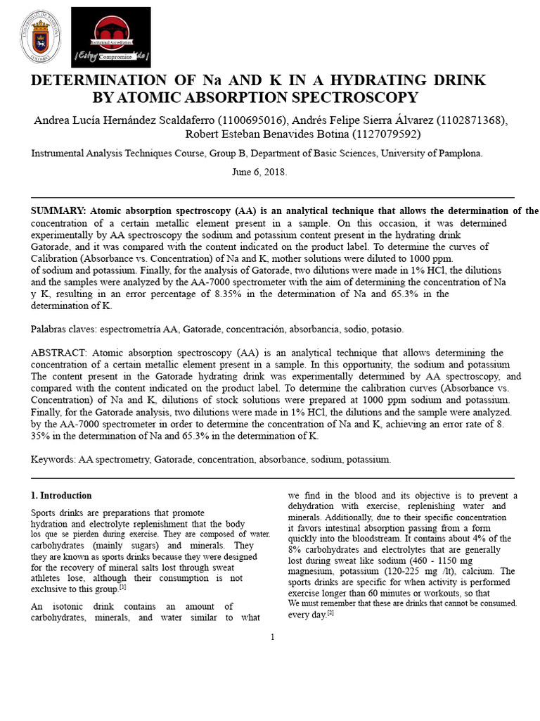 Sodium and Potassium in Gatorade Analysis | PDF | Sodium | Atomic ...