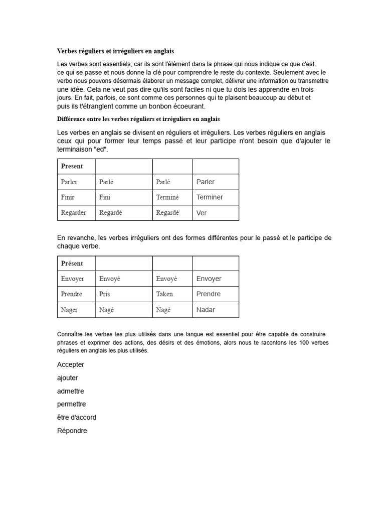 Verbes Réguliers Et Irréguliers en Anglais | PDF | Verbe | Sujet ...