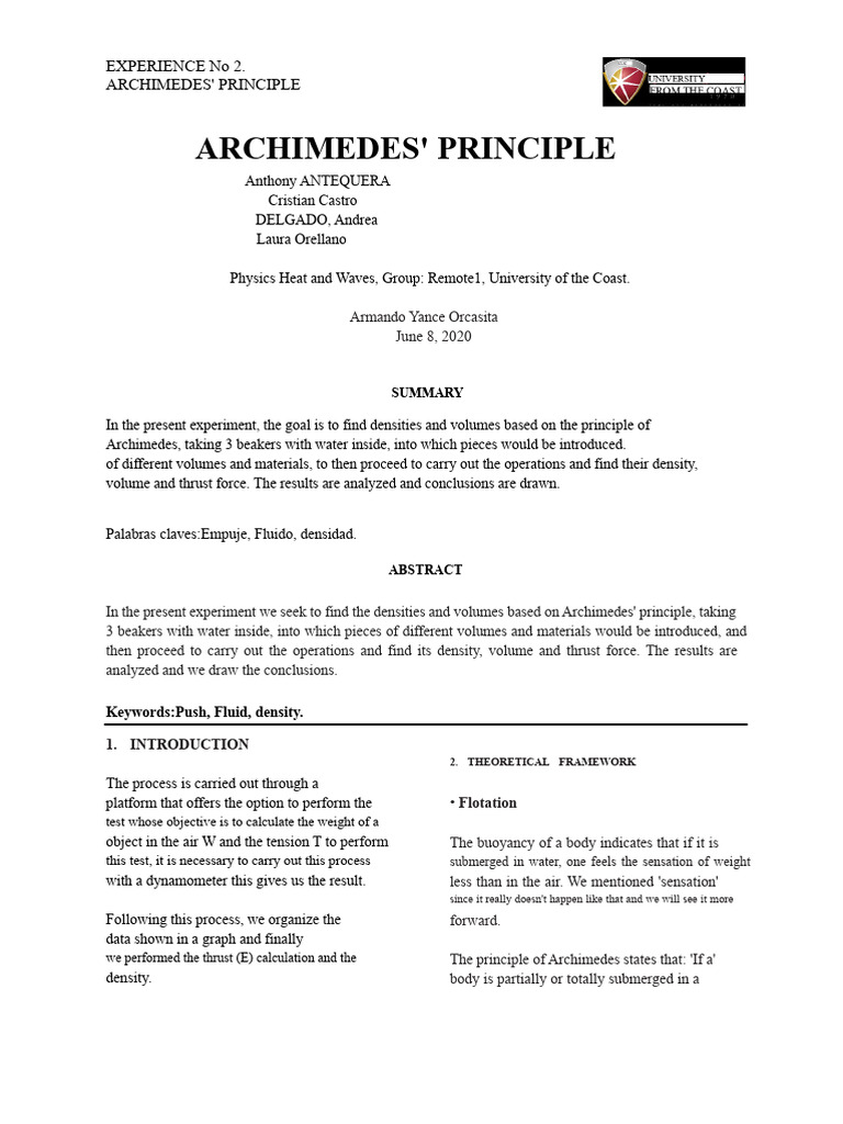 2-Laboratory Report - Archimedes' Principle | PDF | Buoyancy | Density