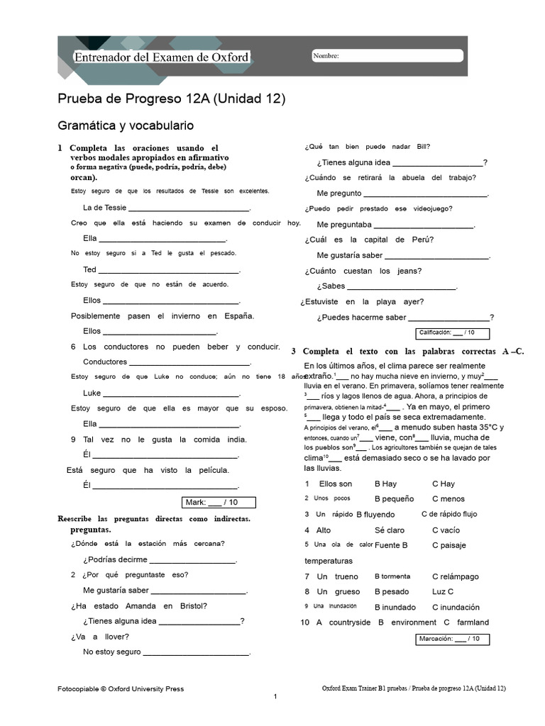 Prueba de Progreso OET B1 Unidad 12 A + B | PDF | El plastico | Residuos